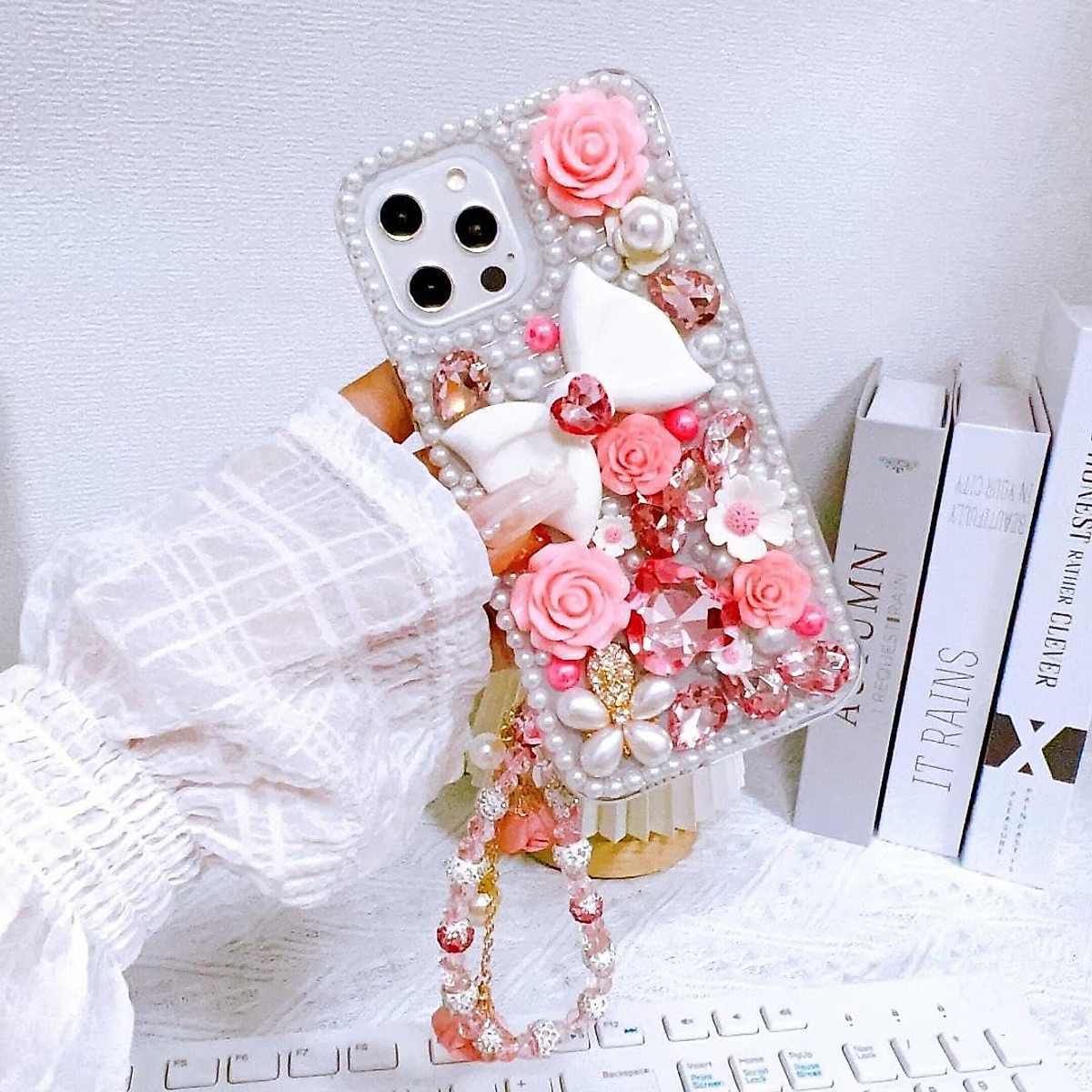 redecarie for Samsung Galaxy S9 Plus Diamond Case,Bling Glitter Luxury Crystal Rhinestone Cute Bow Flowers Pearl 3D Handmade Protective Phone Cover for Women Girls Kids with Bracelet Lanyard