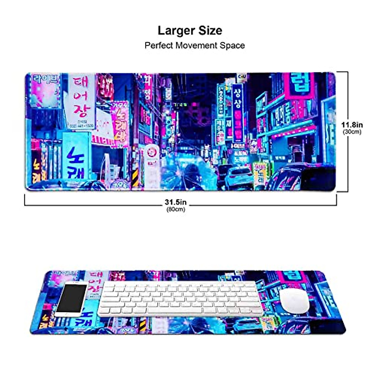 LTHAOGUO Neon Street Desk Mat, Japanese Vaporwave Cyberpunk City Cyan Gaming Mouse Pad, Rubber Base XL Large Deskmat for Computer Laptop, 31.5 X 11.8 Inch -Tokyo Rain Umbrella