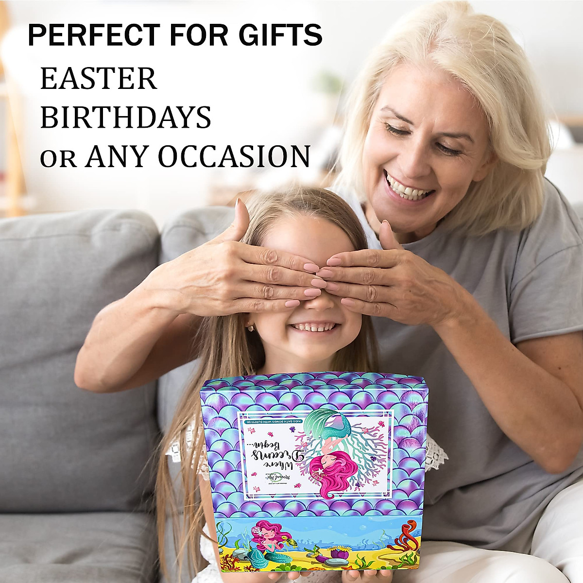 Mermaid Bath Bombs for Girls with Jewelry Inside Plus Jewelry Box for Kids. All Natural and Organic - Easter Basket for Girls Bath Bombs, Skin moisturizing Bubble Bath Fizzies with Surprise Toys