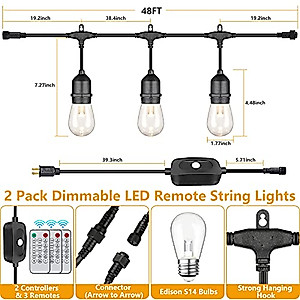 Mlambert 2 Pack 3-Color in 1 48Ft LED Dimmable Outdoor String Lights with Remote for Patio, Plug-in Warm White Soft White Daylight White Waterproof Hanging Edison Bistro Cafe Light-Total 96Ft