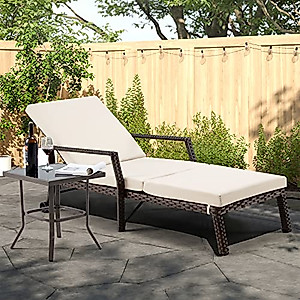 UPHYB Chaise Lounge Chair for Outside, Rattan Wicker Outdoor Lounge Chair, Adjustable Pool Lounge Chair with 2 Wheels & Thickened Cushion for Patio Poolside Deck (Khaki)