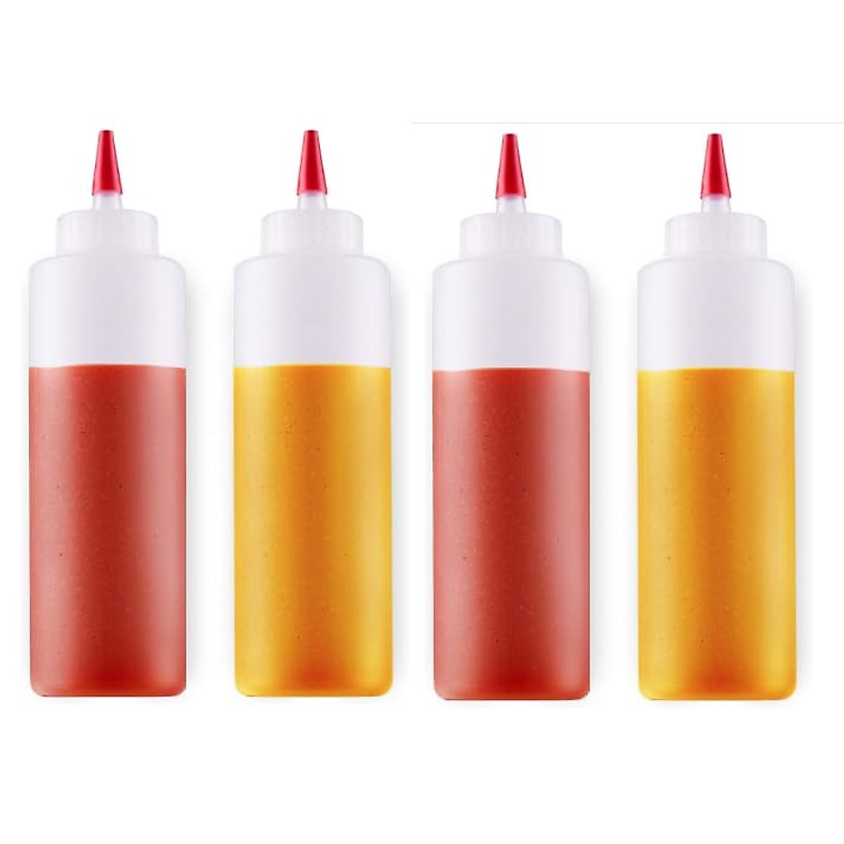 BOTTLIFY 16oz Squeeze Bottles with Red Cap-Pack of 4 Wide Mouth, Leak Proof Refillable Condiment Container for Kitchen Use