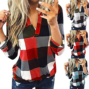 YAnGSale Top Casual Plaid Blouse Women Cotton Sweatshirt Long Sleeve Shirts Women's V-Neck Fall Sweaters Pullover Tops