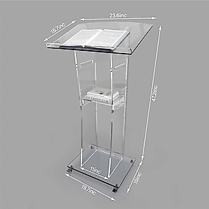 Acrtmatic Acrylic Clear Rolling Wheel Podium Stand, 47-inch Modern Lectern & Podium with Storage Shelf for Church, Speech，Classroom, Wedding, Concert. (23.6" L x 15.7" W x 47.2" H)