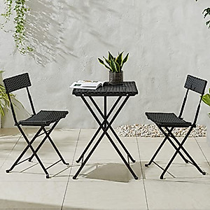 Lavish Home 80-OUTD BLK, Black Folding Patio Bistro Set – 3-Piece Rattan Wood and Steel Café Table and Chairs for Porch, Deck, Garden, or Balcony Furniture