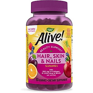 Nature’s Way Alive! Hair, Skin & Nails Gummies, Collagen & Biotin, Antioxidant Vitamins C & E, Strawberry Flavored, 60 Gummies