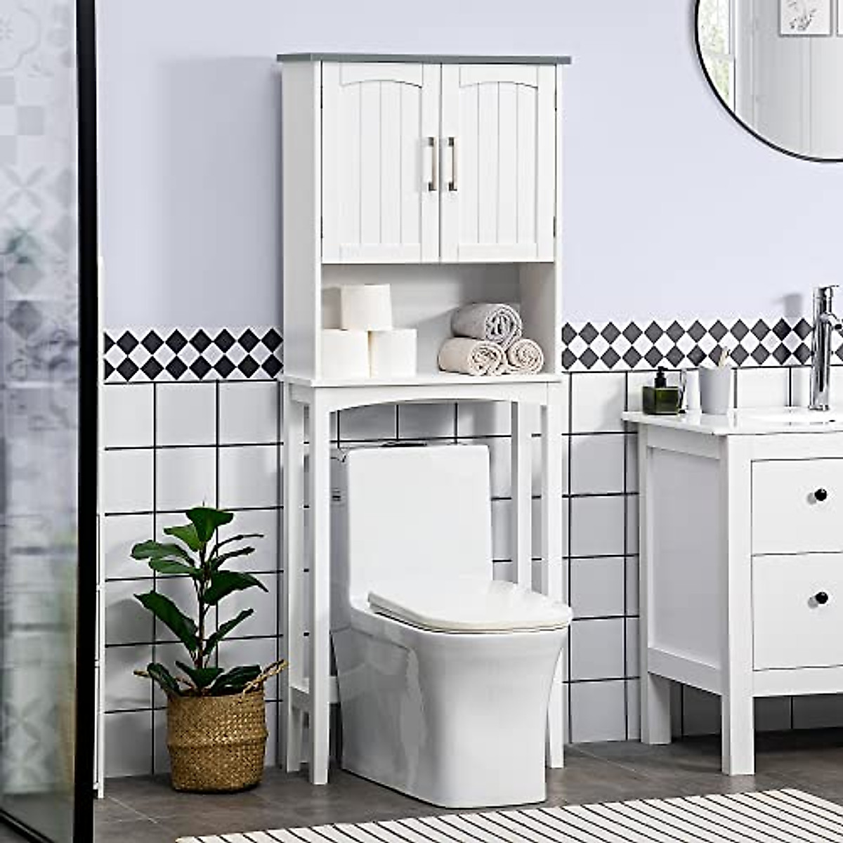 kleankin Modern Over The Toilet Storage Cabinet, Double Door Over Toilet Bathroom Organizer with Adjustable Shelf and Open Shelf, Grey