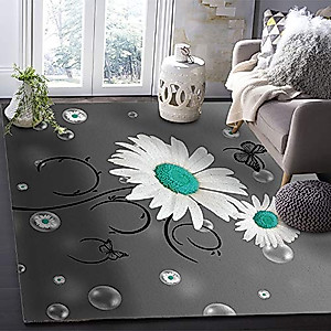 Large Rectangular Area Rugs 4' x 6' Living Room, Blue Green Daisy Bubble Durable Non Slip Rug Carpet Floor Mat for Bedroom Bedside Outdoor Modern Abstract Gray Ombre Floral