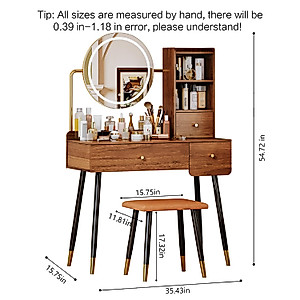 sbdmirau Vanity 35" W, Vanity Desk with Round Mirror and Lights, Brown Vanity Makeup Table with Chair, with Open Compartment and 3 Drawers, 3 Lighting Modes Gift for Girls and Women Brown Vanity