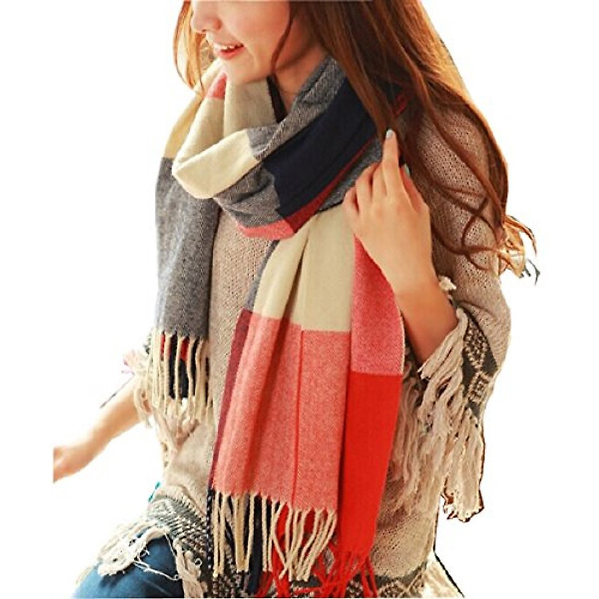 Wander Agio Women's Fashion Long Shawl Big Grid Winter Warm Lattice Large Scarf Orange Red Winter
