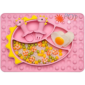 NICINGU Silicone Toddler Dinosaur Feeding Placemat Sets with Spoon and Forks,Baby Push Pop Bubble Suction Divided Plate Utensils Sets,Kids Led Weaning Dish Sets-Pink Dinosaur Placemat Sets