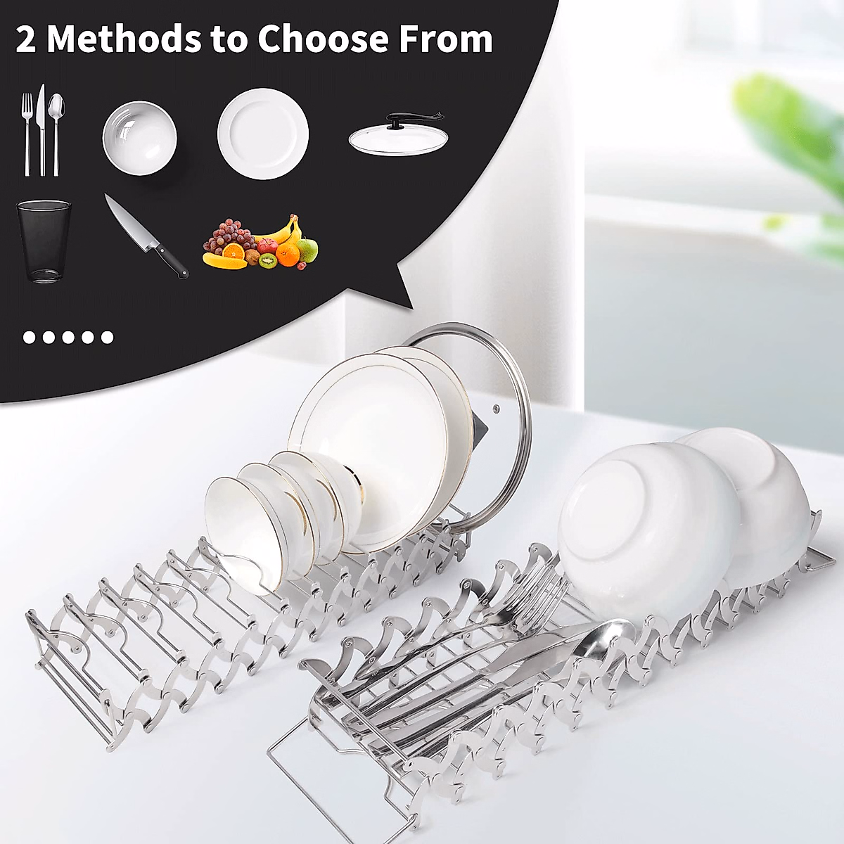 YYP Small Dish Drying Rack Expandable Dish Drying Rack Over The Sink, Plate Organizer for Cabinet or Countertop, Premium 304 Stainless Steel, Rustproof, for Kitchen, Small Space, RV