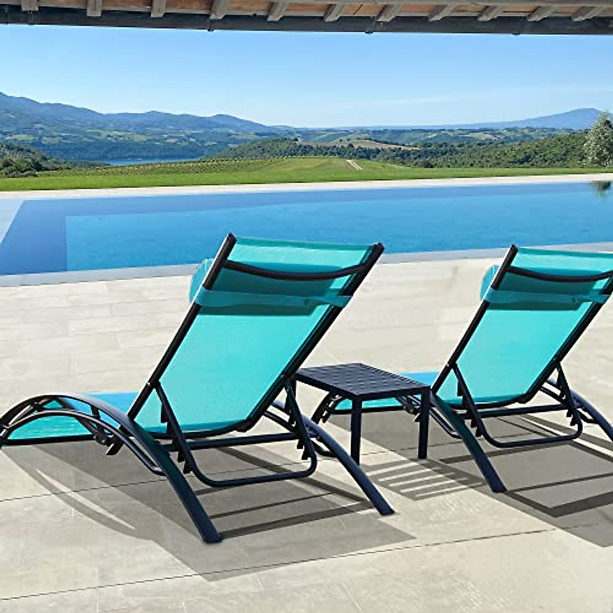 MIRSION Lounge Chair and Side Table Set of 3, Patio Chair for Outside in Swimming Pool, Beach Chaise Lounge Outdoor Recliner with Arm (Light Blue)
