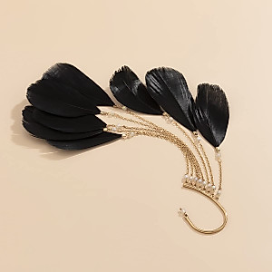 Asphire Bohemian Long Tassel Feather Ear Cuff 1pcs Non-Piercing Feather Fringe Earring Elegant Exaggerated Chandelier Ear Wrap for Women Ball Beach Party Statement Jewelry (Black)