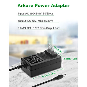 Arkare 12V 3A Power Supply Adapter 36W ac/dc Charger AC 100V-240V to DC 12Volt 3amp Power Cord 12V 2.5A 2A 1.5A 1A 800mA 500mA for Security Camera BT Speaker GPS Webcam Microphone Receiver with 10TIPS