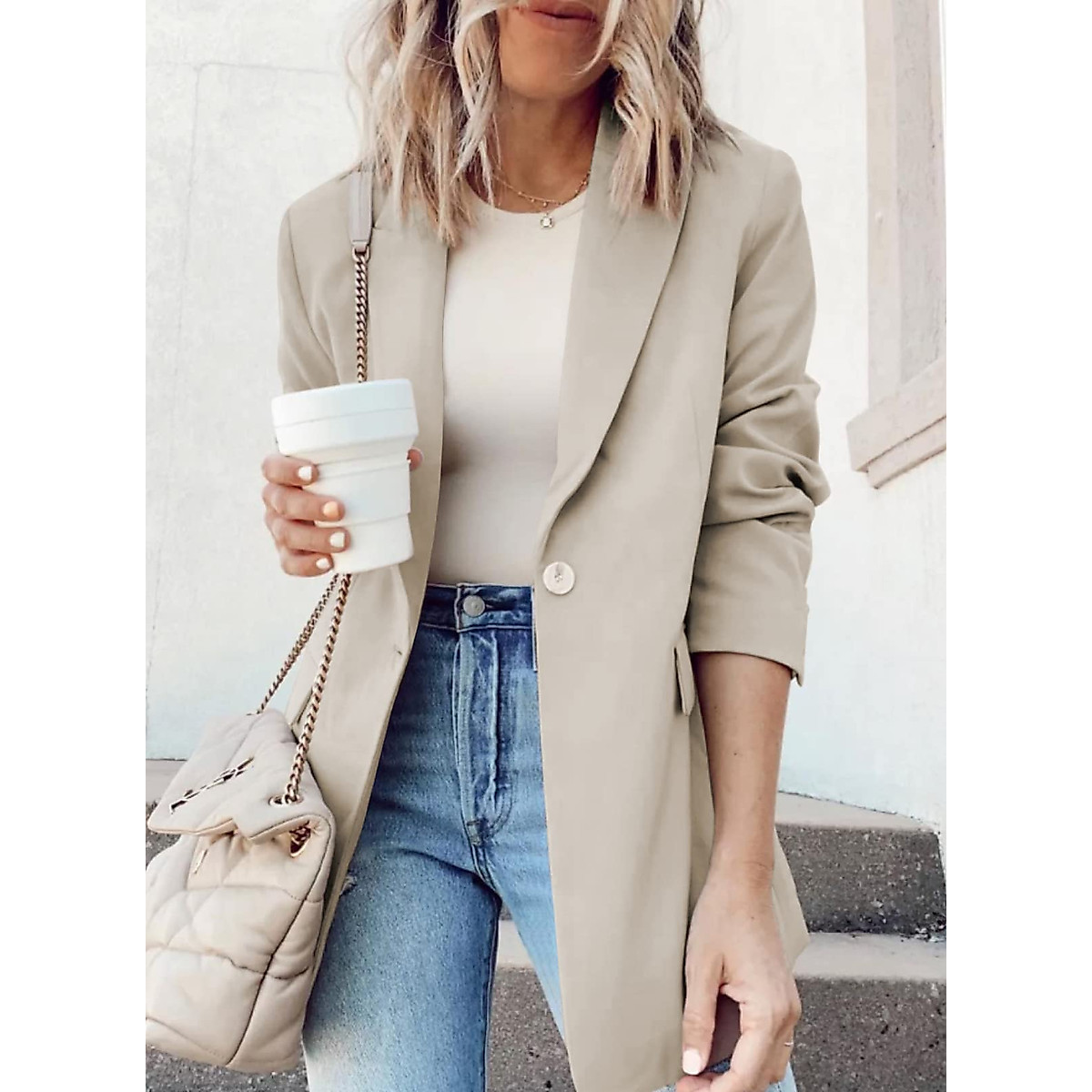 Dokotoo Women's Blazers & Suit Jackets Open Front Buttons Fashion Jacket Solid Color Work Office Spring Blazer Jackets for Women Business Casual Khaki Medium