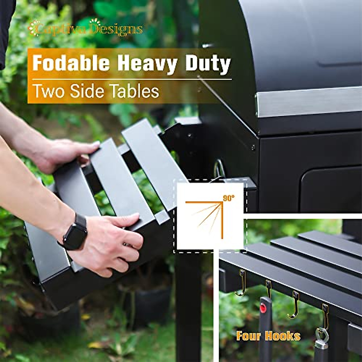 Captiva Designs Extra Large Charcoal BBQ Grill with Oversize Cooking Area(794 sq.in.), Outdoor Cooking Grill with 2 Individual Lifting Charcoal Trays and 2 Foldable Side Tables