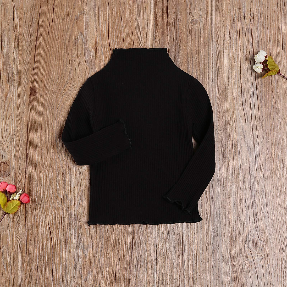 Girls Casual Tops Long Sleeve Turtleneck T-Shirt Basic Solid Color Blouse Outfit for Toddler Baby Girl 1-8 Years (Ribbed -Black,5-6X)