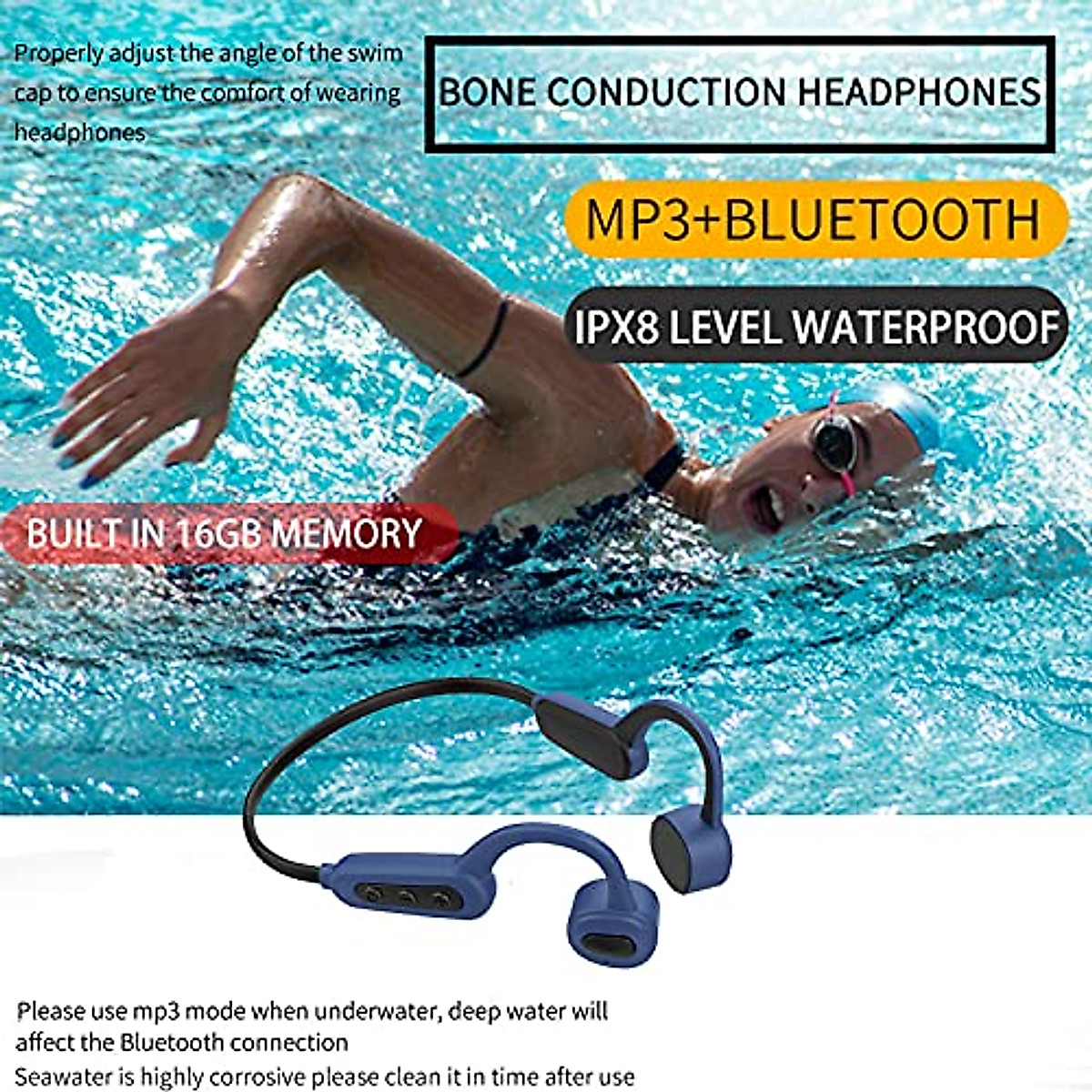 LeBoomon Waterproof Bone Conduction Headphones Wireless Bluetooth 5.0 Built-in 16G Mp3 Player IP68 Waterproof Swimming Headset with Mic for Running Swimming Cycling Gym