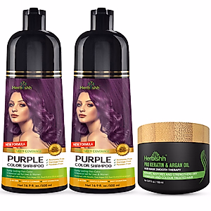 Combo Pack - Herbishh Purple Dye Shampoo for Gray Hair + Argan Intense Hair Mask - Long-lasting Color - Stimulates Dry, Frizzy Hair - 500 Ml