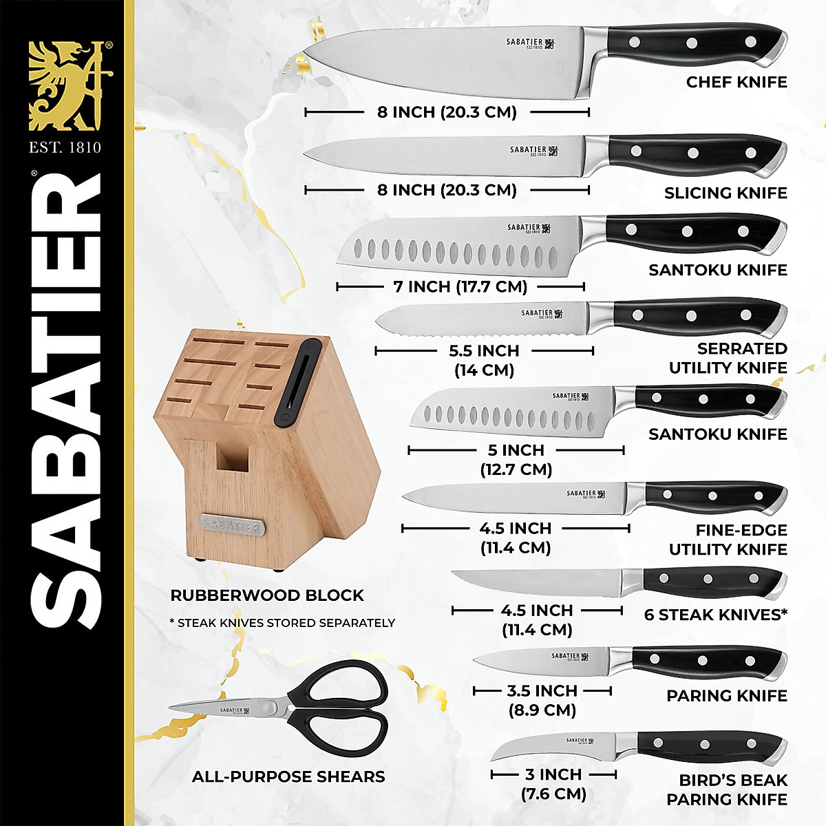 Sabatier Forged Triple Rivet Knife Block Set, 16-Piece, Black