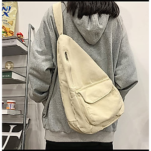 Canvas Sling Bag Backpack, Crossbody Shoulder Chest Bag with Adjustable Strap for Men Women Travel Hiking (White)