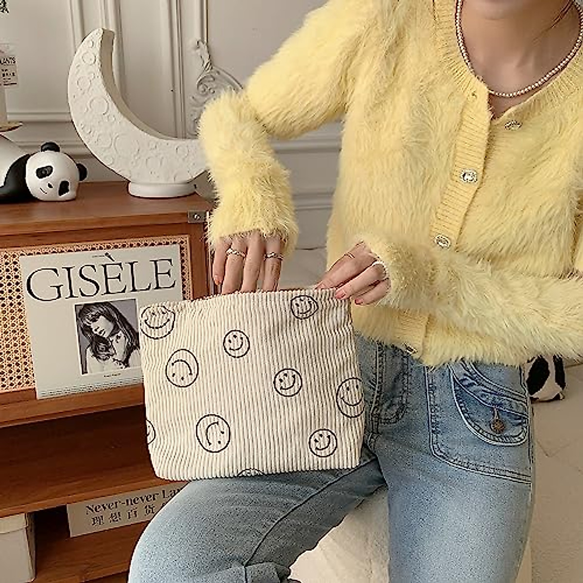 Cosmetic Bags for Women - Corduroy Cosmetic Bag Aesthetic Women Handbags Purses Smile Dots Makeup Organizer Storage Makeup Bag Girls Case Bags (Black)