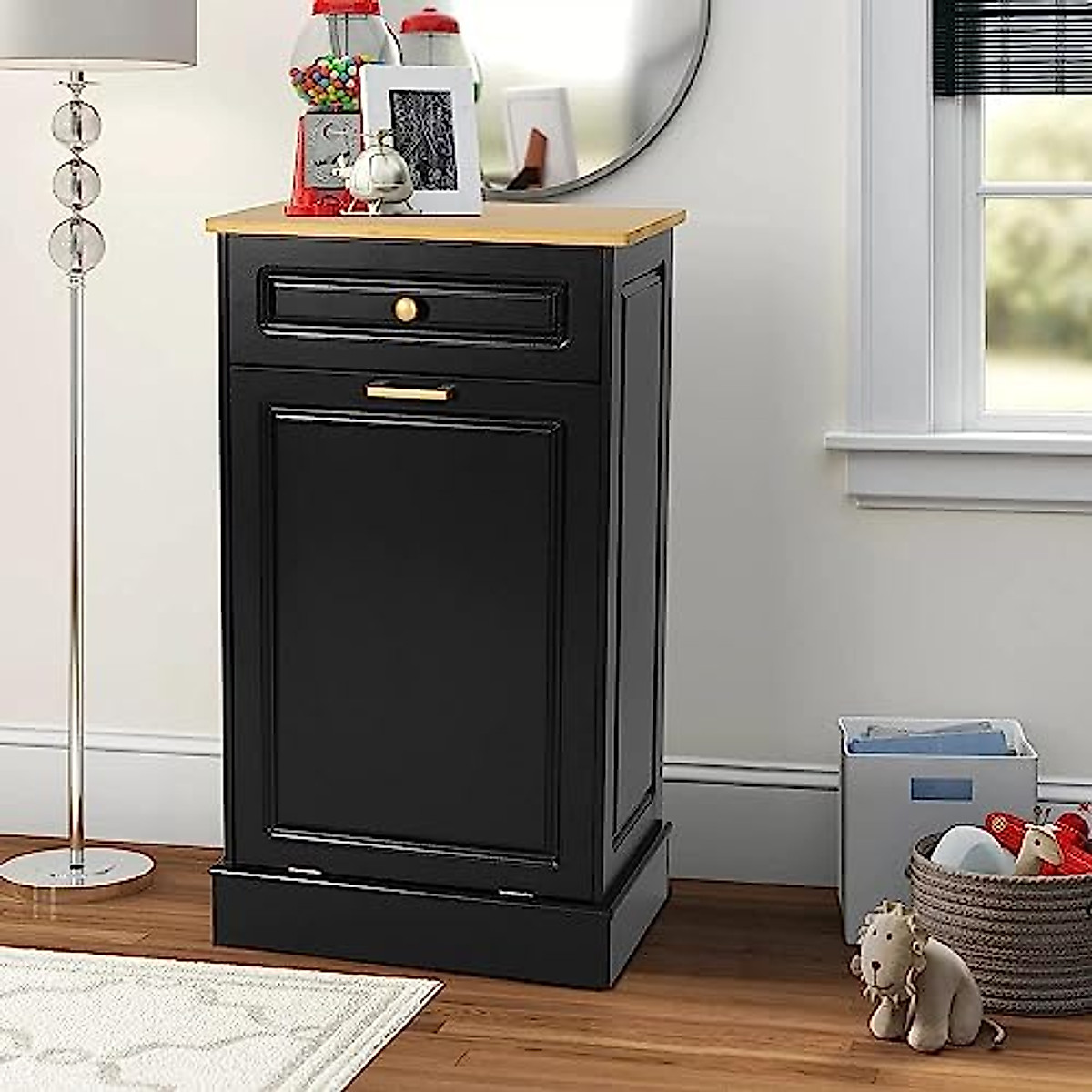 Scurrty 20.5'' Wooden Tilt Out Trash Can Cabinet for Kitchen Island,Tilt Out Bin for Trash Disposal Recycling, Handmade Solid Wood Hideaway Trash Holder for Laundry Hamper with Drawer (Black, Single)