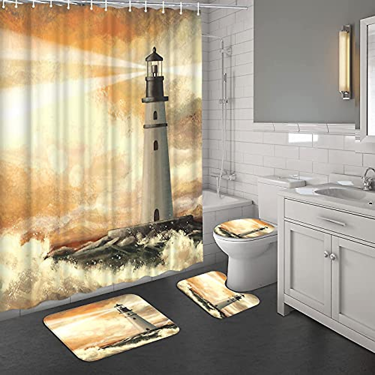 SiMiWOW Lighthouse Shower Curtain Set with Rugs,Nautical Ocean Lighthouse Rugs Bathroom Decor Sets