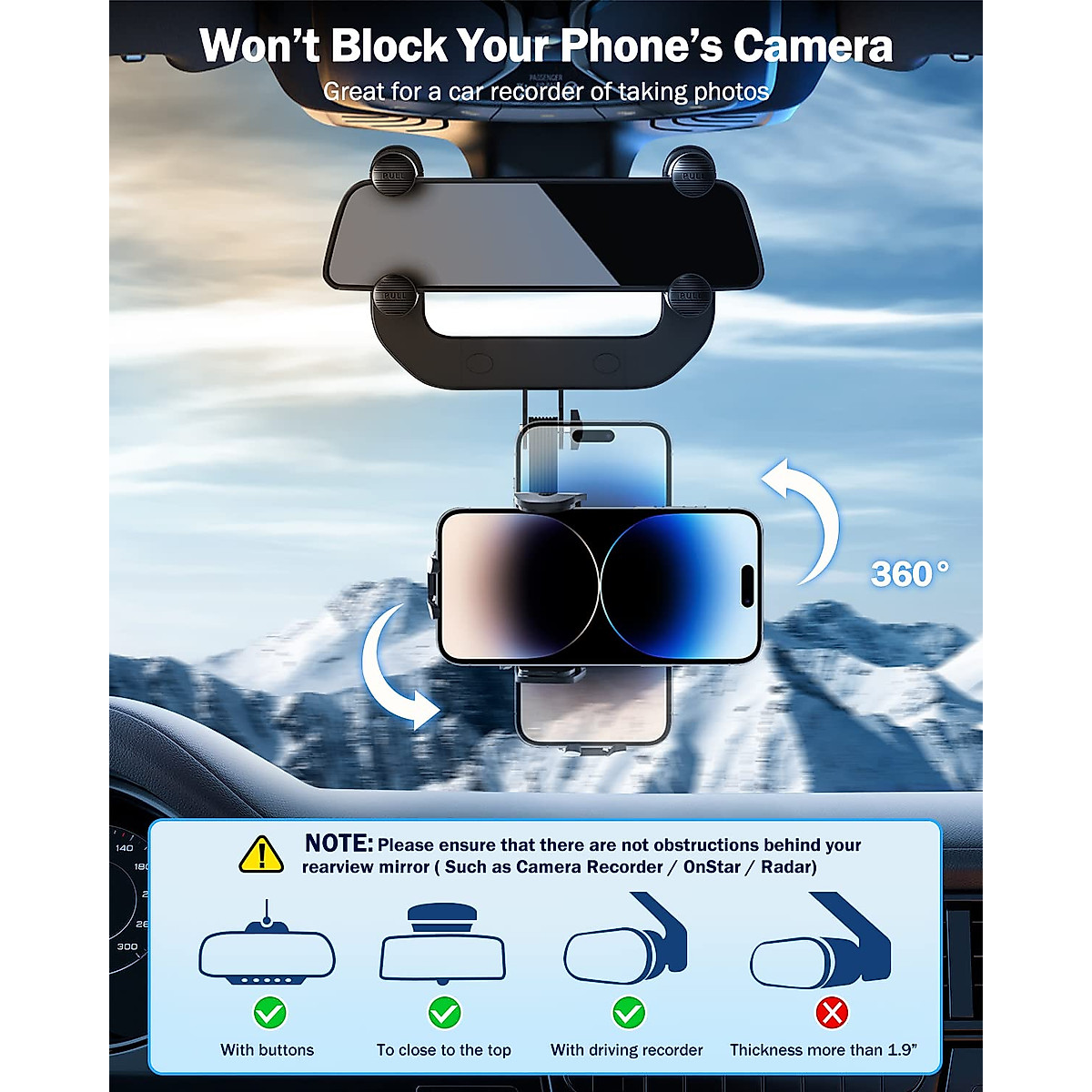 HNDJYT Rear View Mirror Phone Holder for car,Phone Mount for Car, Rotatable Car Phone Mount Rearview Mirror Phone Holder for Car Compatible with iPhone Samsung LG All 4-7 Inch Cell Phones