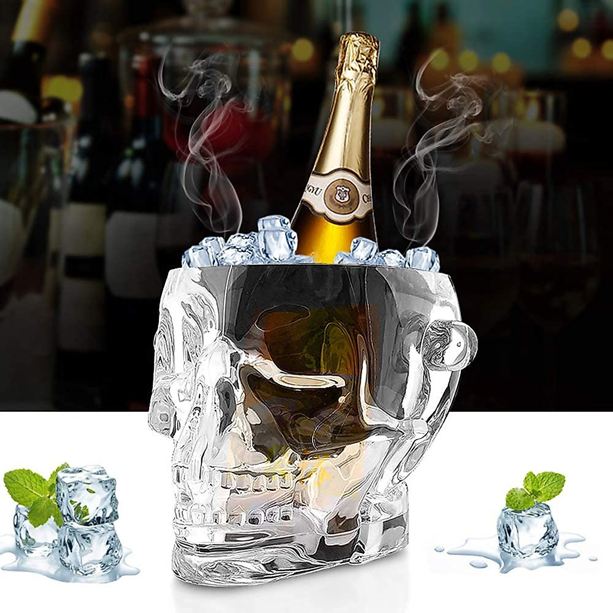 SOSSEG Ice Bucket, Skull Ice Bucket Beer Barrel, Table Mount Wine Bucket, Champagne Bucket Wine Cooler Bar Party Barbecue Cocktail Wedding Multiple (Transparent)