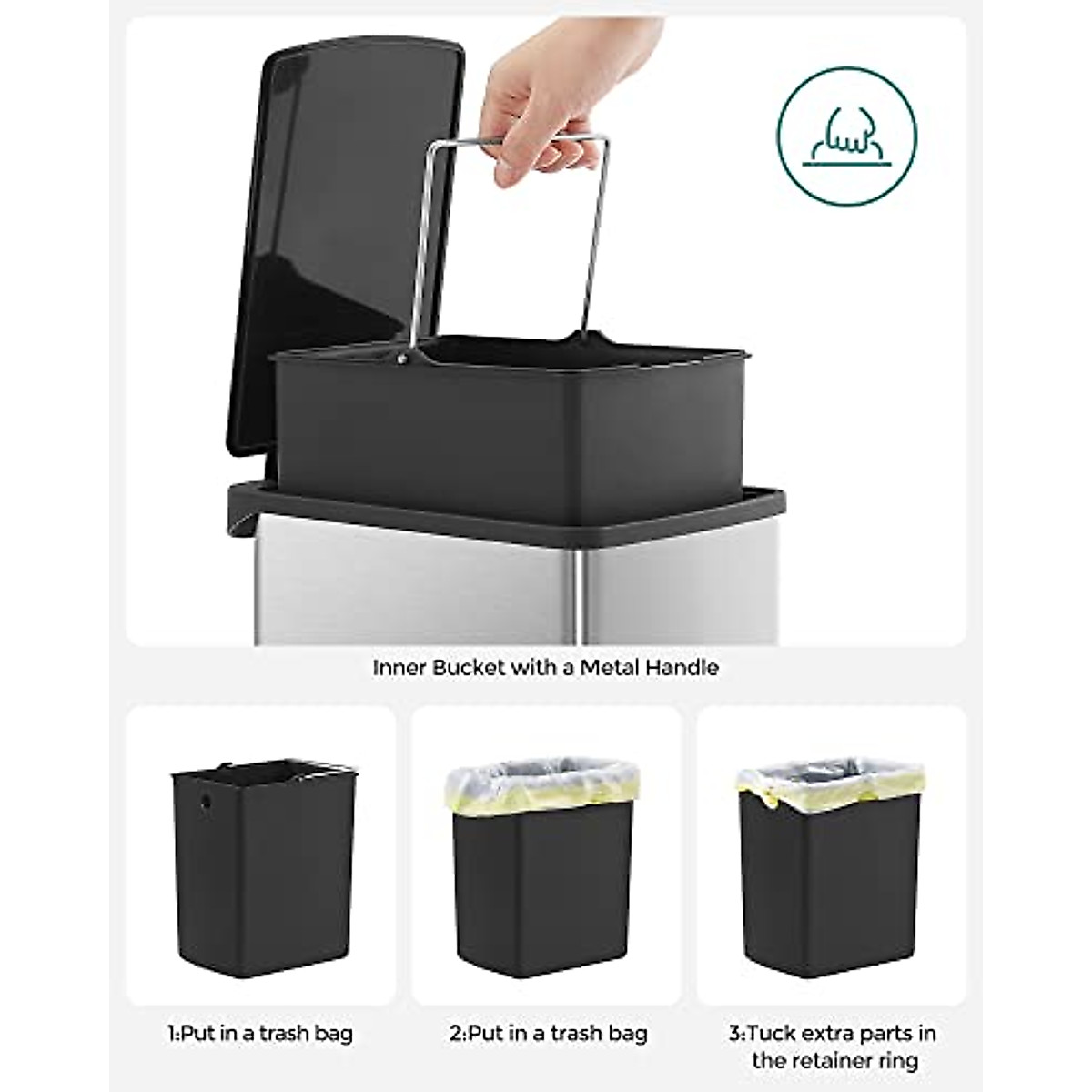 SONGMICS Bathroom Trash Can, 1.5 Gallon (5.7L) Garbage Can with 15 Trash Bags, Stainless Steel Step Bin, Removable Inner Bucket with a Metal Handle, Soft Closure, Silver and Black ULTB105E01