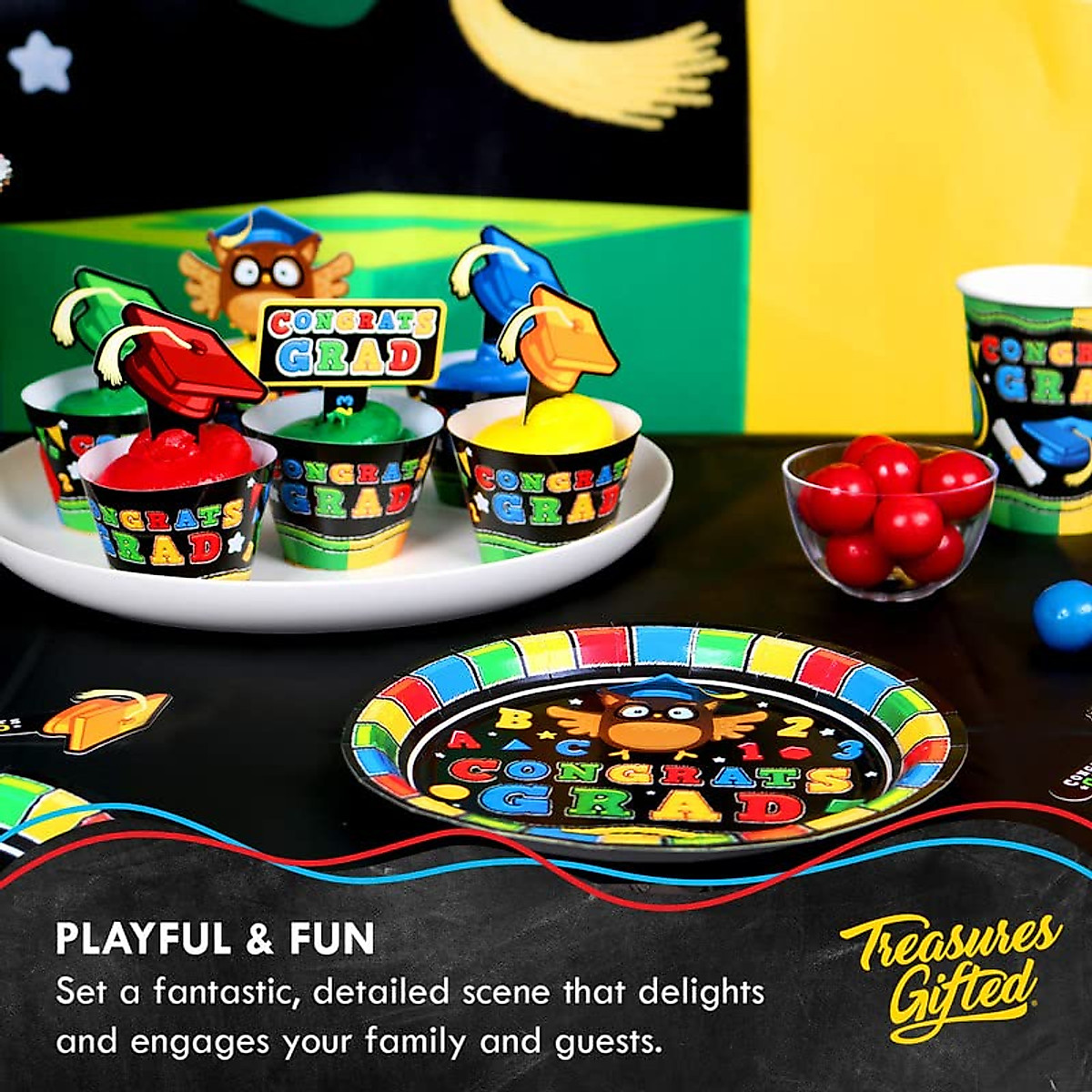 Treasures Gifted Preschool Graduation Cake Topper Set - (1) Grad Cake Topper & (24) Graduation Cupcake Toppers & Matching Wrappers - Graduation Party Supplies - Preschool Graduation Decorations