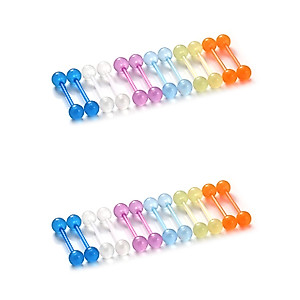 Oufksiyy 14G 16mm Glow in Dark Flexible Acrylic Straight Tongue Rings Plastic Nipple Ring Retainer Body Piercing Jewelry for Women Men 24PCS(12Pairs 14 gauge Piercings