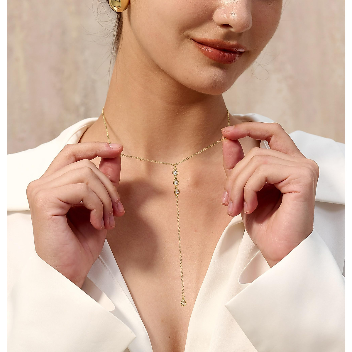 Tewiky Lariat Necklace , Simple Long Dainty Gold Necklace for Women Trendy 14k Gold Plated CZ Diamond Drop Cute Aesthetic Y Necklace Fashion Jewelry Gifts