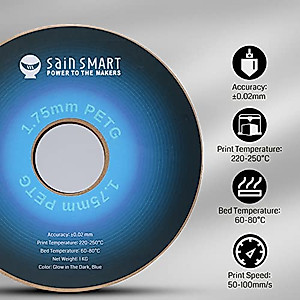 SainSmart Grow in The Dark Blue PETG Filament, 1.75mm PRO-3 PETG 3D Printer Filament, Glow Blue, 2.2 LBS (1KG) Spool, Dimensional Accuracy +/- 0.02mm
