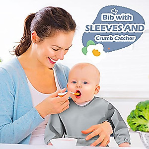 4 Pack Long Sleeve Baby Bibs Waterproof Long Sleeved Bib Baby Eating Smock Bib Feeding Baby Bib with Sleeves Baby Shirt Bib with Food Catcher Soft Art Smock Bibs for Babies Toddlers 6-36 Months