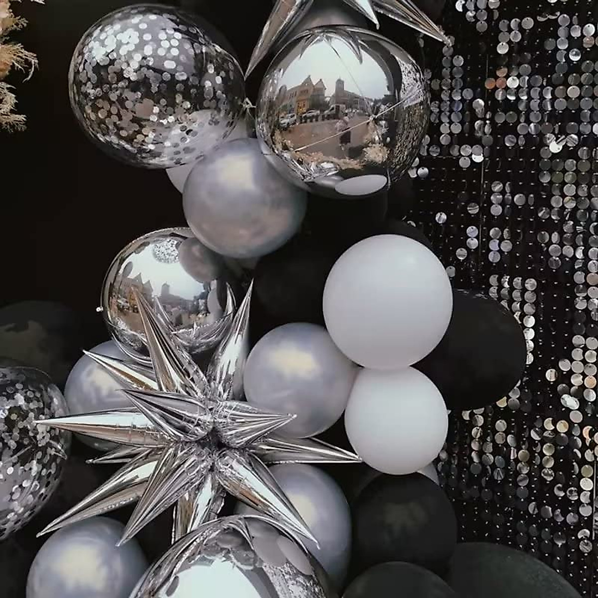 LyzzGlobo Starburst Black and White Balloon Garland Kit, Silver and Confetti Aluminum Film Balloons Arch Kit for Birthday Wedding Anniversary Party Supplies