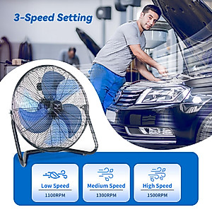 TEMPWARE 20 Inch High Velocity Industrial Floor Fan, 3-Speed Heavy Duty Metal Cradle Floor Fans with 360° Tilt for Warehouse, Workshop, Garage, Factory and Basement, Black & Blue
