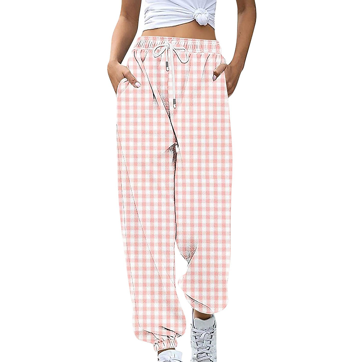 Lastesso Prime Try Before You Buy Women Clothing Womens Plaid Print Sweatpants Casual Elastic Waistband Running Sweatpant with PocketsLounge Workout Jogging Pants Light Blue Sweatpants Pink 2X