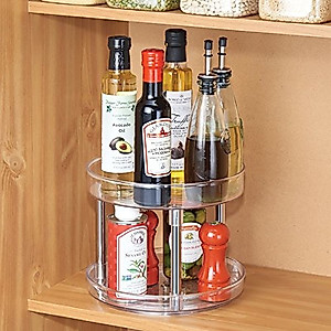 mDesign 2 Tier Lazy Susan Turntable Food Storage Container for Cabinets, Pantry, Fridge, Countertops - Raised Edge, Spinning Organizer for Spices, Condiments - 9" Round - Clear/Chrome