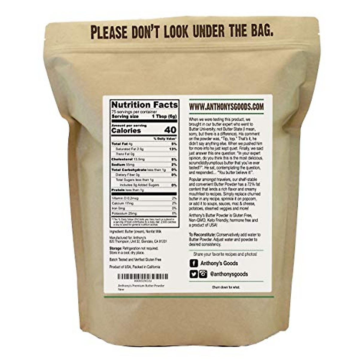 Anthony's Premium Butter Powder, 1 lb, Gluten Free, Non GMO, Made in USA, Keto Friendly, Hormone Free