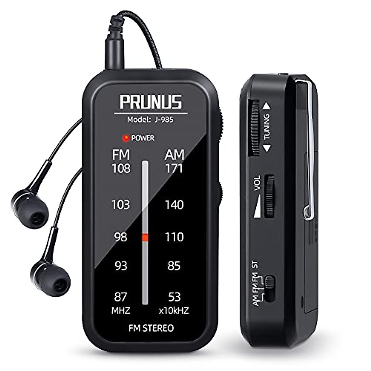 Pocket Radio Mini AM FM Stereo Radio Portable Battery Operated Radio, Includes Headphones, with Back Clip and Signal Indicator, Operated by AAA Batteries for Walking and Jogging, J-985 by PRUNUS
