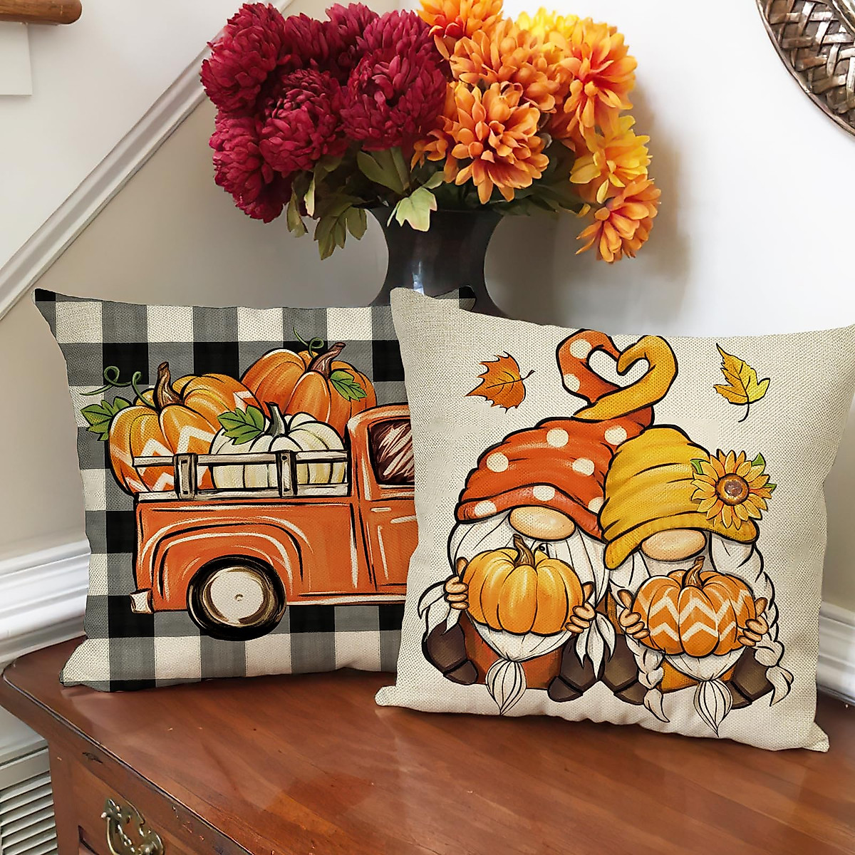 Fahrendom Fall Gnome Pumpkin Decorative Throw Pillow Covers 18x18 Set of 4, Autumn Truck Buffalo Plaid Check Porch Patio Outdoor Pillowcase, Maple Leaves Thanksgiving Farmhouse Cushion Case Home Decor
