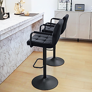 Furnimart Adjustable Bar Stool Swivel Barstools Set of 2 Counter Stools with Armrest and Footrest Upholstered Bar Chairs for Kitchen and Dining Room (Velvet-Black)
