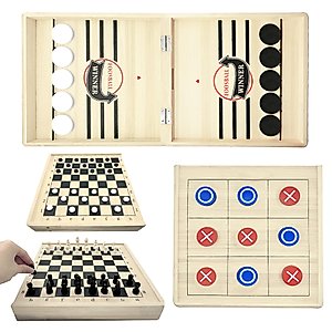 4 in 1 Board Game, Include Fast Hockey Table Game, Tic Tac Toe, Checkers Game,Slingshot Chess,Set for All Age