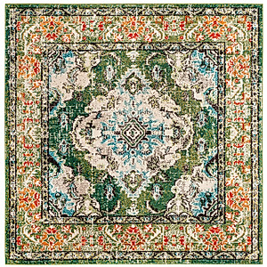 SAFAVIEH Monaco Collection Area Rug - 10' Square, Forest Green & Light Blue, Medallion Distressed Design, Non-Shedding & Easy Care, Ideal for High Traffic Areas in Living Room, Bedroom (MNC243F)
