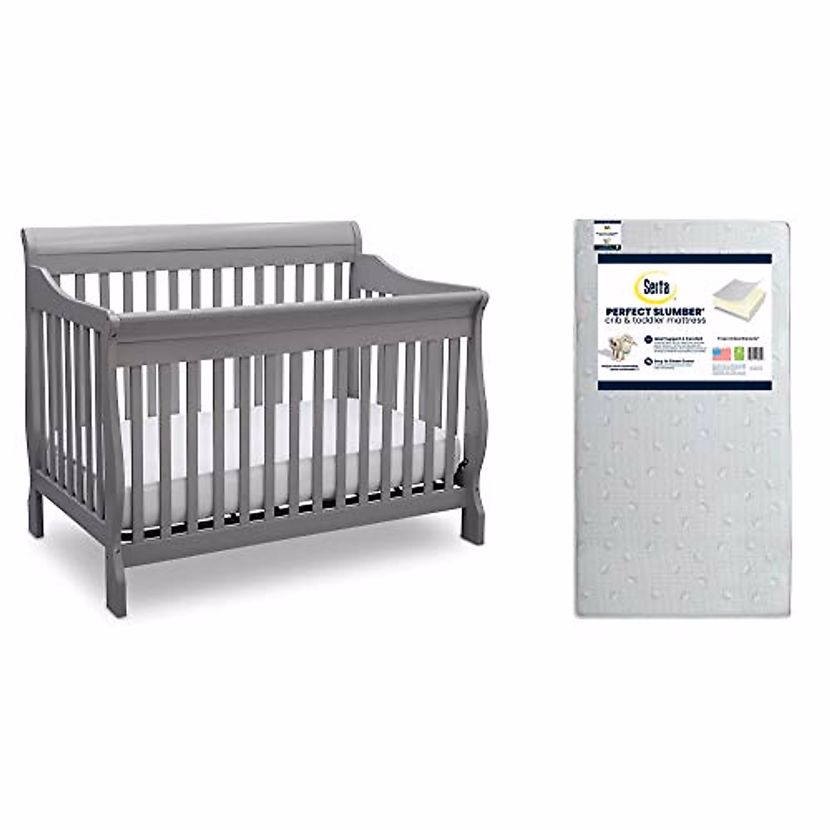 Delta Children Canton 4-in-1 Convertible Crib, Grey + Serta Perfect Slumber Dual Sided Recycled Fiber Core Crib and Toddler Mattress (Bundle)