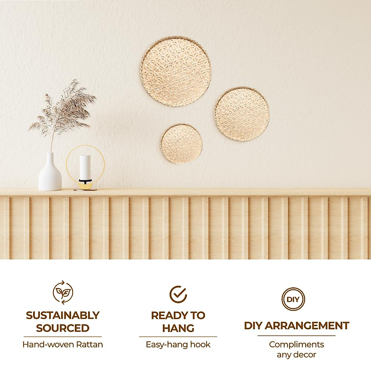 Decocoon 3 Pcs Handmade Wall Basket Decor, Seagrass Wall Decor, Wicker Wall Decor, Boho Wall Basket, Wall Baskets Decor Boho Flat Set 3, Decorative Plates for Wall Hanging Farmhouse (Set A)