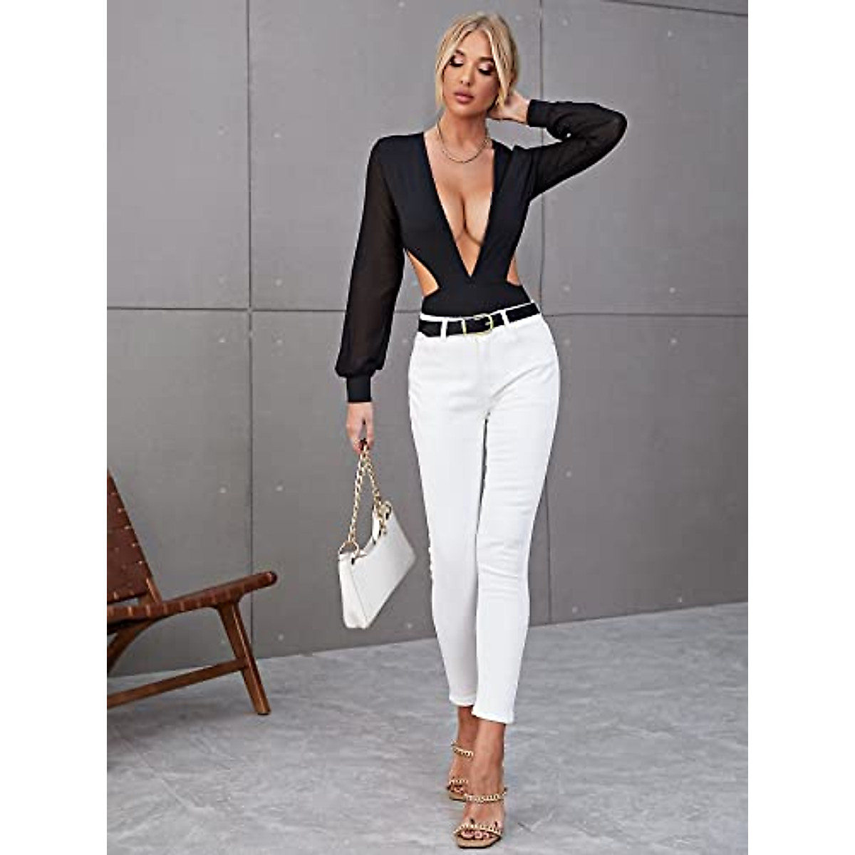 WDIRARA Women's Deep V Neck Cut Out Sheer Long Sleeve Skinny Bodysuit Sexy Tops Black M